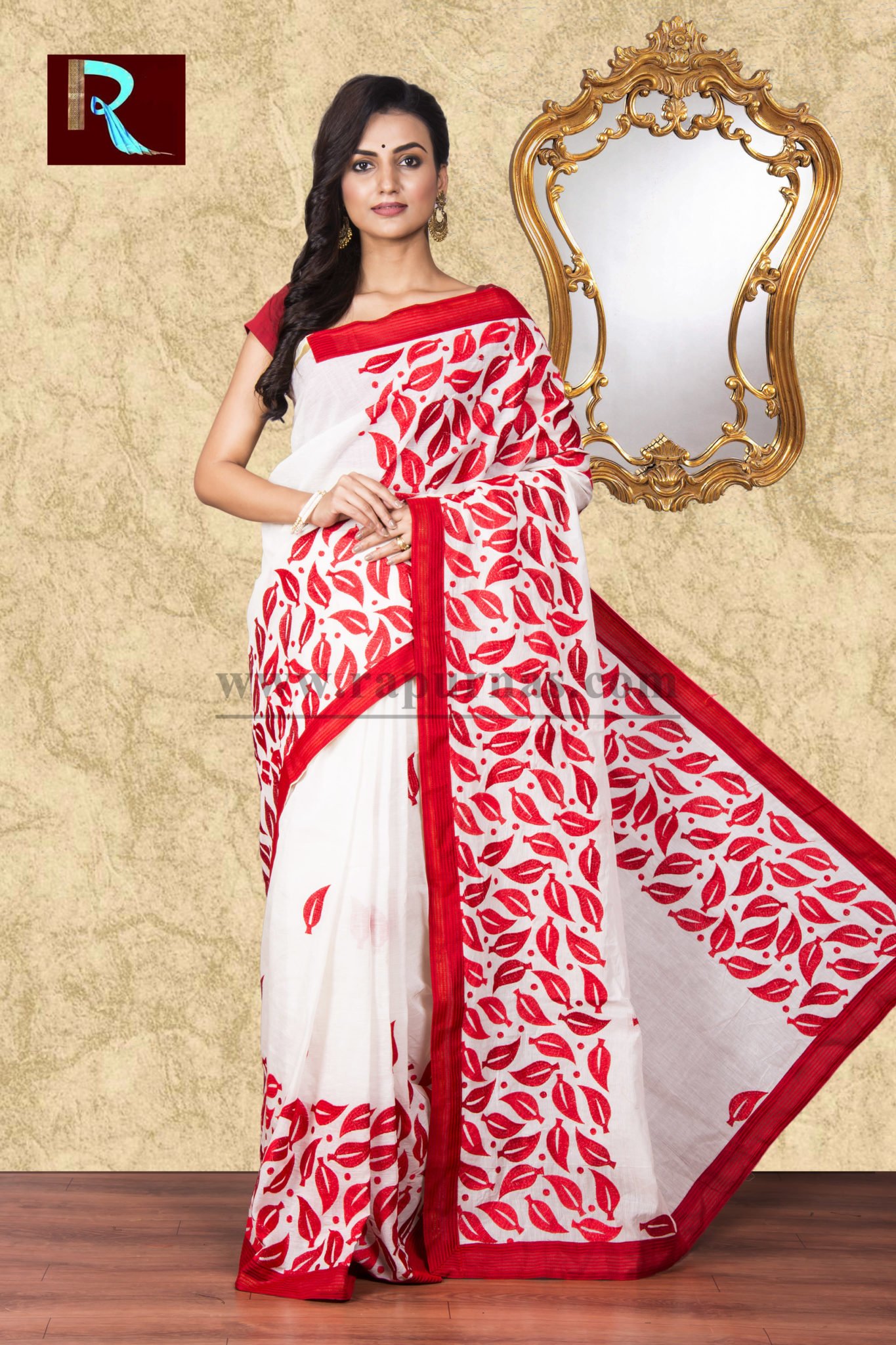 Kachhi Kathiawari work on BD Cotton Saree of leafy design - Rapurnas