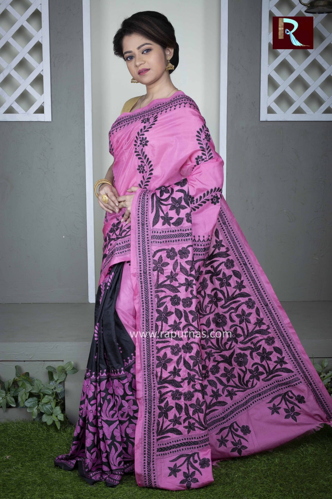 Gujrati Stitch work Saree on Pure Bangalore Silk of Red color - Rapurnas